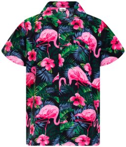 king kameha funky hawaiian shirt, shortsleeve, flamingo flowers, black pink, xxl