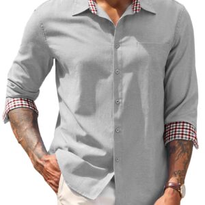 COOFANDY Men's Casual Oxford Shirts Long Sleeve Linen Button Down Shirt Business Dress Shirt Light Grey