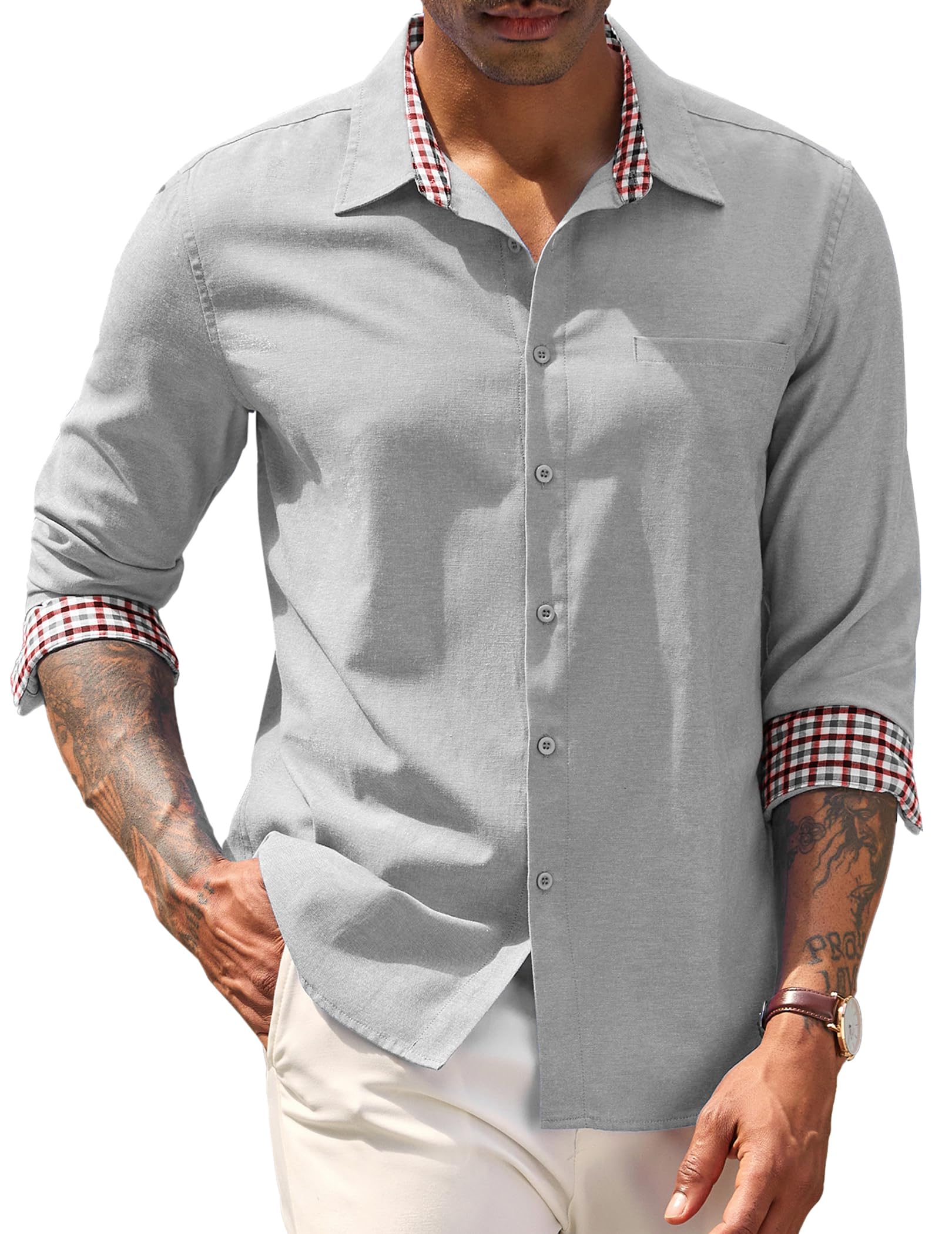 COOFANDY Men's Casual Oxford Shirts Long Sleeve Linen Button Down Shirt Business Dress Shirt Light Grey