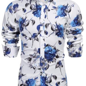 COOFANDY Men's Slim Fit Floral Dress Shirt Long Sleeve Casual Button Down Shirts (01_White&Blue, Small)