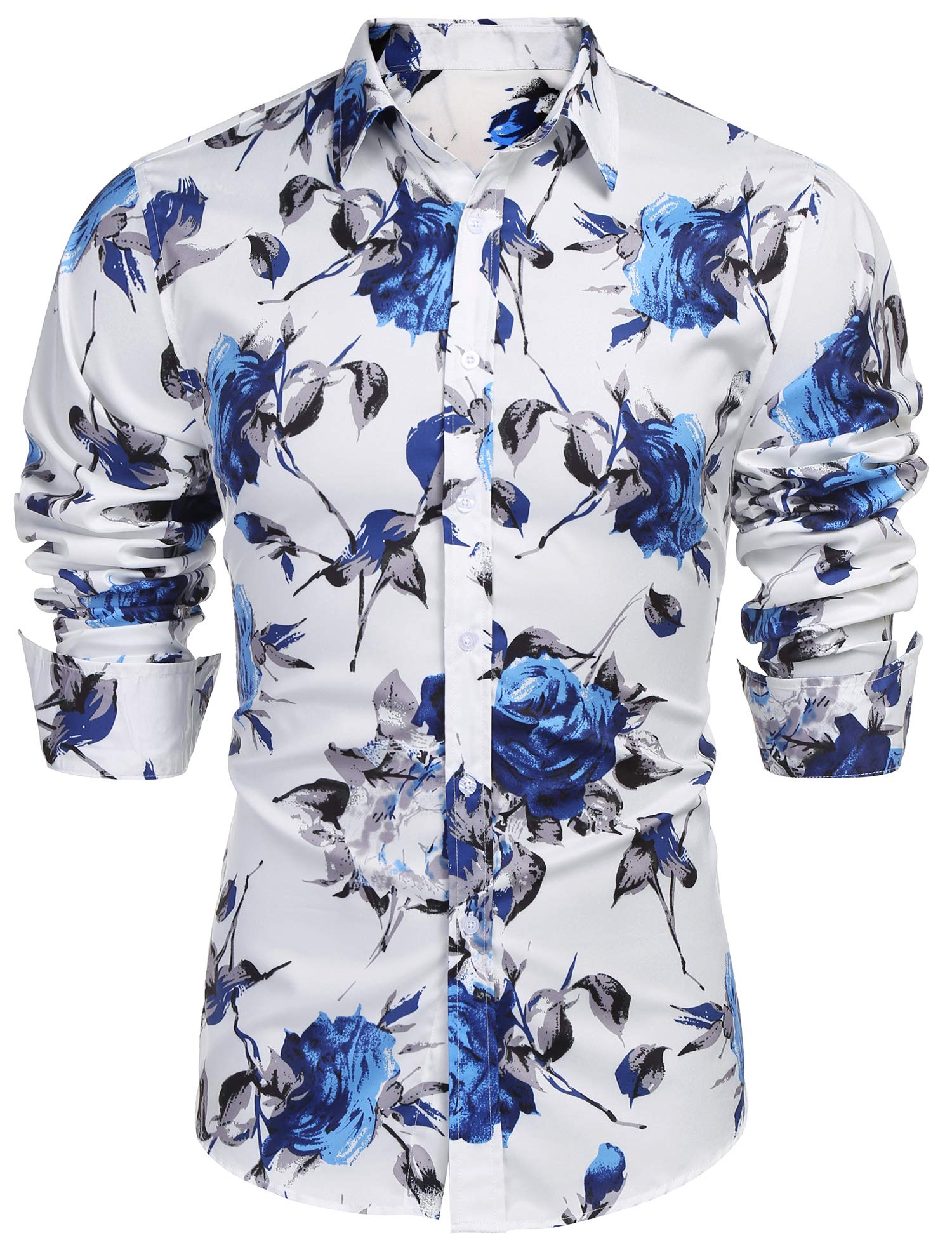 COOFANDY Men's Slim Fit Floral Dress Shirt Long Sleeve Casual Button Down Shirts (01_White&Blue, Small)