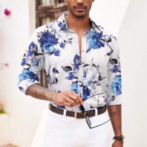 COOFANDY Men's Slim Fit Floral Dress Shirt Long Sleeve Casual Button Down Shirts (01_White&Blue, Small)