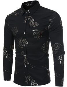 zeroyaa mens hipster gold rose printed slim fit long sleeve dress shirts/prom performing shirts z56 black medium