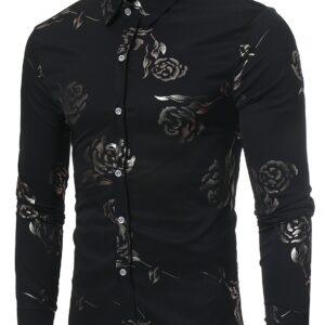 ZEROYAA Mens Hipster Gold Rose Printed Slim Fit Long Sleeve Dress Shirts/Prom Performing Shirts Z56 Black Medium