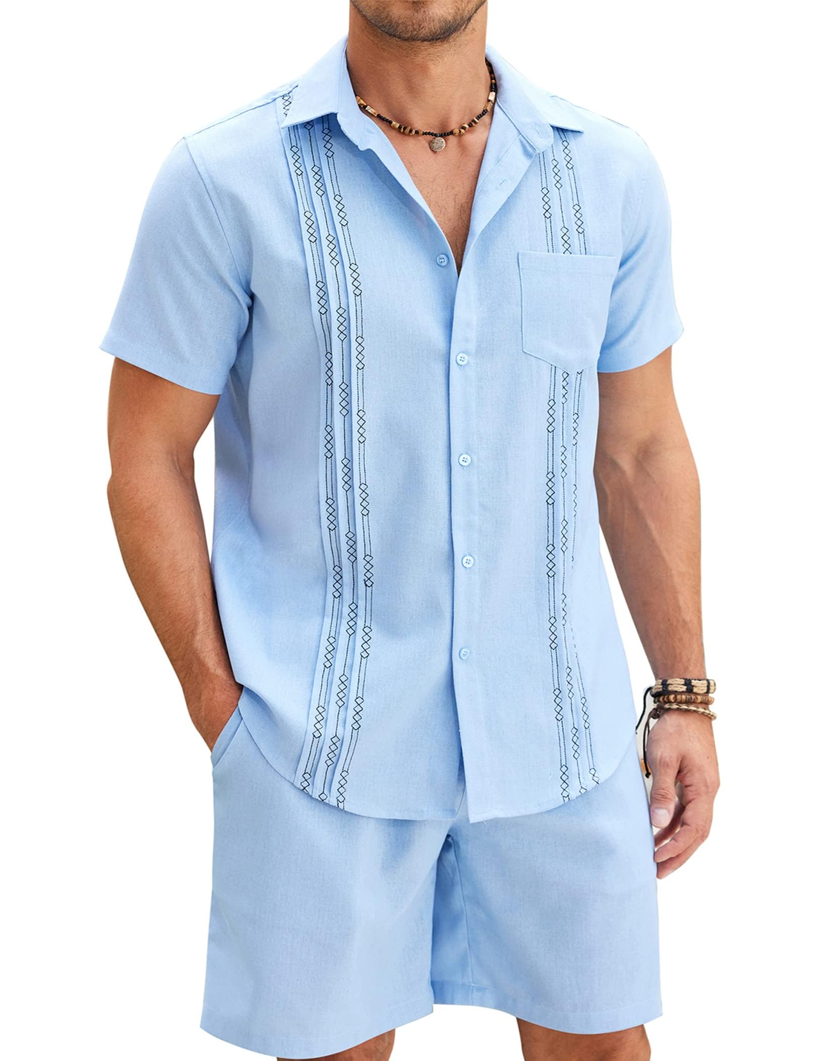 COOFANDY Men's Linen Sets 2 Piece Hawaiian Vacation Matching Shirt and Shorts Set