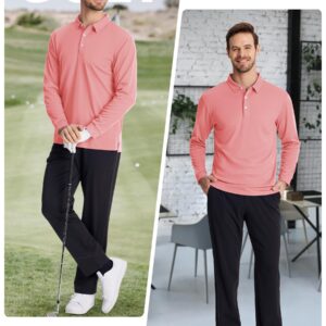 TACVASEN Mens Golf Shirts Long Sleeve Mens Polo Shirts Athletic Polo Shirt for Men Dry Fit Long Polo for Men Quick Dry Polo Shirts for Men Grey Pink