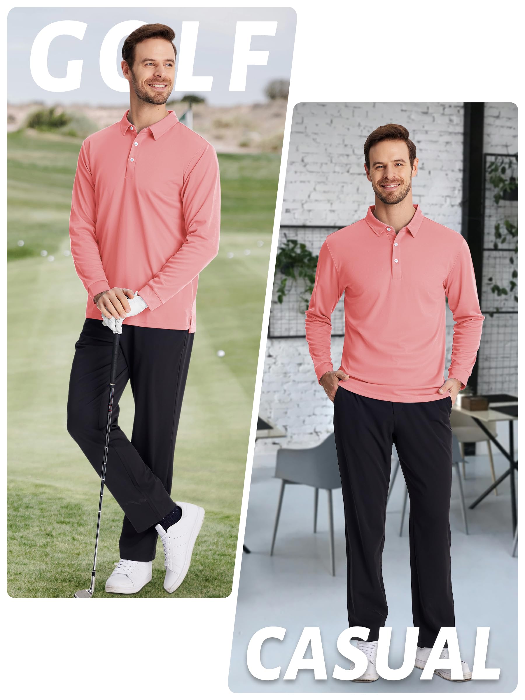 TACVASEN Mens Golf Shirts Long Sleeve Mens Polo Shirts Athletic Polo Shirt for Men Dry Fit Long Polo for Men Quick Dry Polo Shirts for Men Grey Pink