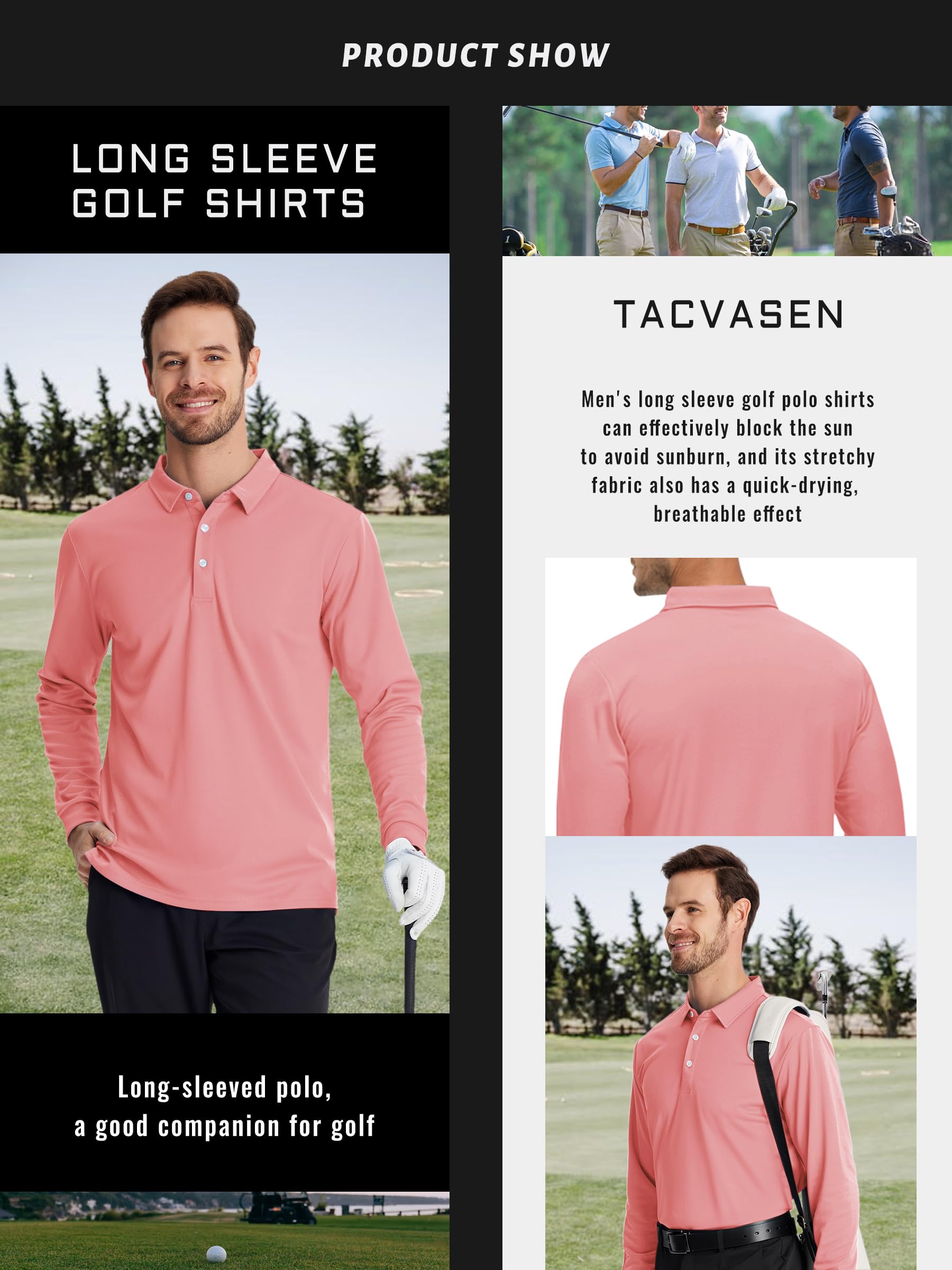 TACVASEN Mens Golf Shirts Long Sleeve Mens Polo Shirts Athletic Polo Shirt for Men Dry Fit Long Polo for Men Quick Dry Polo Shirts for Men Grey Pink