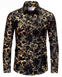 bolcguri mens black gold chain dress shirts luxury baroque print long sleeve button up buchona silky shirt s