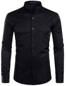 zeroyaa mens hipster solid slim fit long sleeve mandarin collar dress shirts zlcl08 solid black xx-large