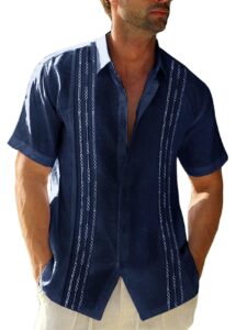 runcati mens short sleeve guayabera shirts linen cotton button up mexican embroidered cuban wedding shirt navy