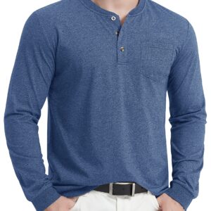 MAGCOMSEN Summer Casual Shirts for Men Henley Shirts Long Sleeve Button Down Shirts Work Henley Shirts with Pocket Blue Grey,XL