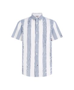 tommy hilfiger men's short sleeve linen blend shirt, regular fit, ultra blue/optic white, medium