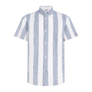 Tommy Hilfiger Men's Short Sleeve Linen Blend Shirt, Regular Fit, Ultra Blue/Optic White, Medium