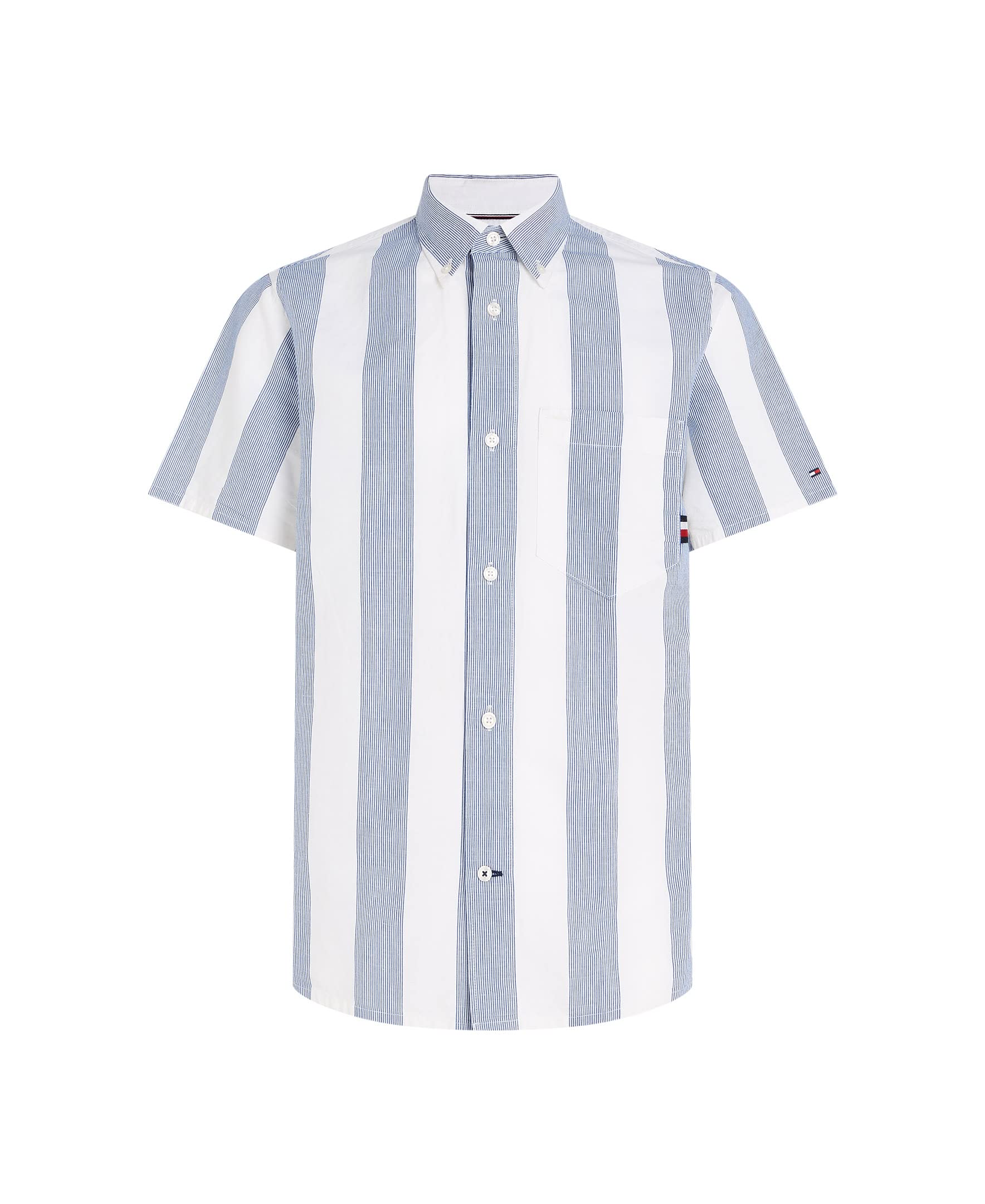 Tommy Hilfiger Men's Short Sleeve Linen Blend Shirt, Regular Fit, Ultra Blue/Optic White, Medium