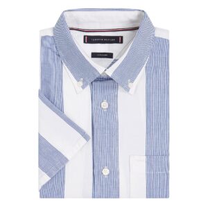 Tommy Hilfiger Men's Short Sleeve Linen Blend Shirt, Regular Fit, Ultra Blue/Optic White, Medium