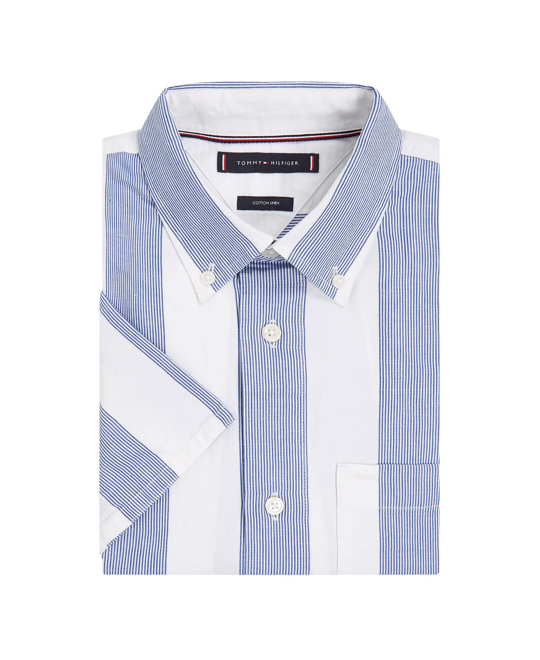 Tommy Hilfiger Men's Short Sleeve Linen Blend Shirt, Regular Fit, Ultra Blue/Optic White, Medium