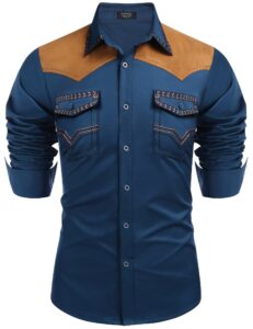 coofandy mens shirt western cowboy embroidered long sleeve slim fit casual cotton button down hippie with pockets, blue, xx-large, long sleeve