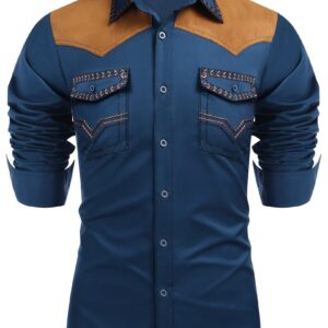 COOFANDY Mens Shirt Western Cowboy Embroidered Long Sleeve Slim Fit Casual Cotton Button Down Hippie with Pockets, Blue, XX-Large, Long Sleeve