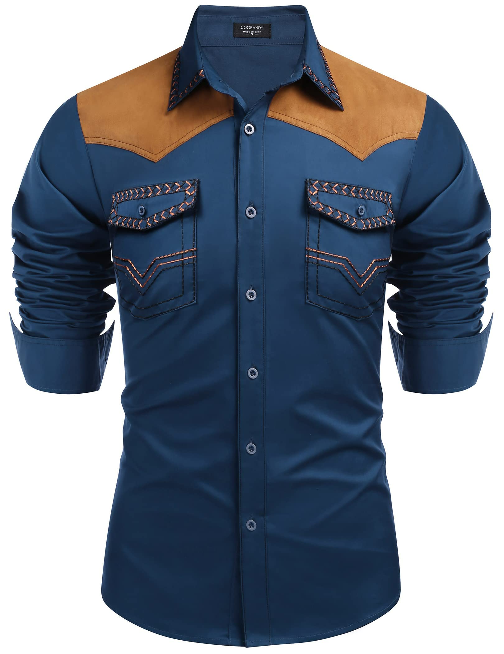 COOFANDY Mens Shirt Western Cowboy Embroidered Long Sleeve Slim Fit Casual Cotton Button Down Hippie with Pockets, Blue, XX-Large, Long Sleeve