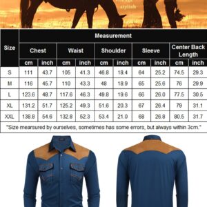 COOFANDY Mens Shirt Western Cowboy Embroidered Long Sleeve Slim Fit Casual Cotton Button Down Hippie with Pockets, Blue, XX-Large, Long Sleeve