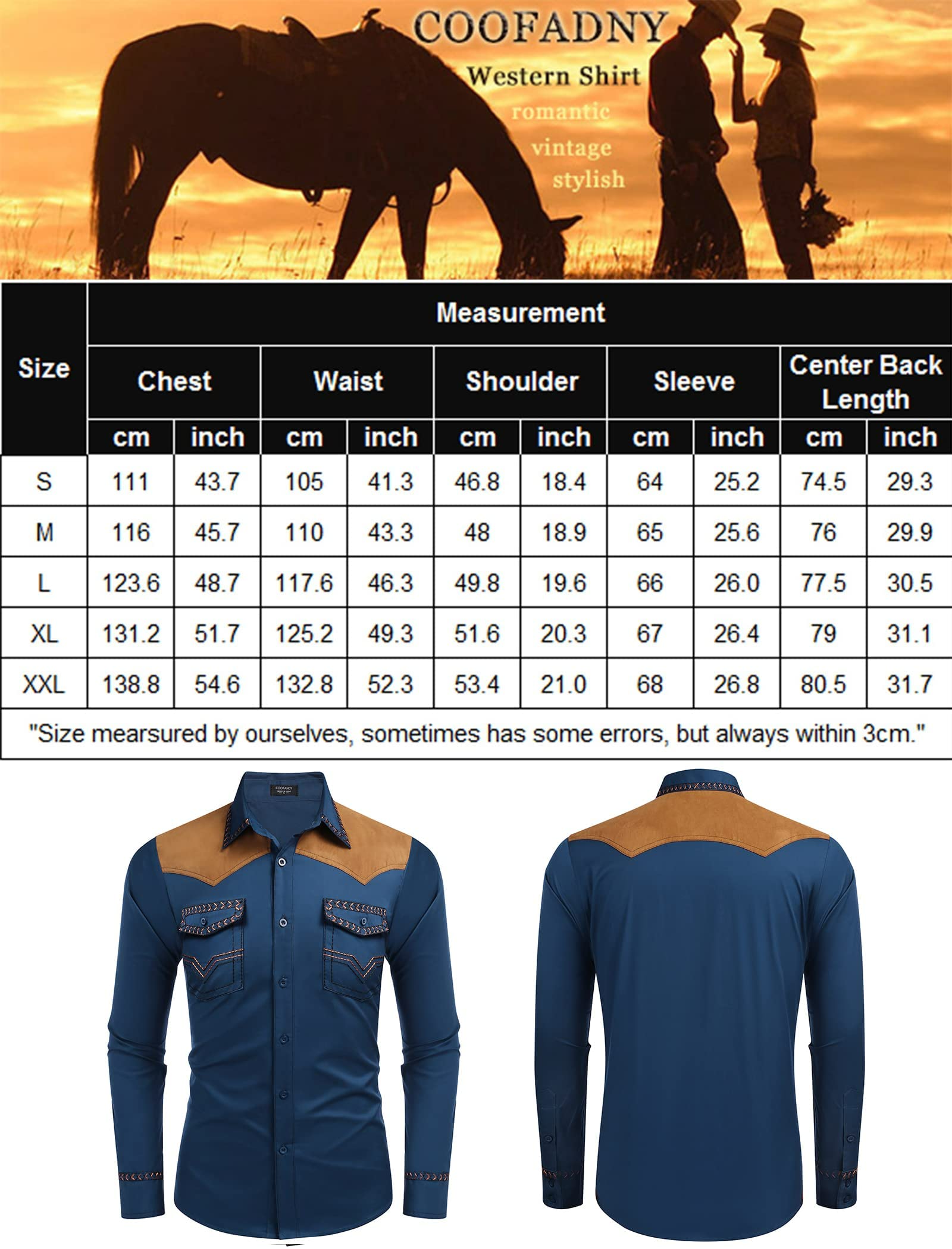 COOFANDY Mens Shirt Western Cowboy Embroidered Long Sleeve Slim Fit Casual Cotton Button Down Hippie with Pockets, Blue, XX-Large, Long Sleeve