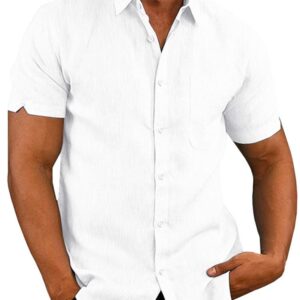 Pengfei Men's Short Sleeve Shirt Linen Cotton Button Down Tees Spread Collar Plain, White, Large