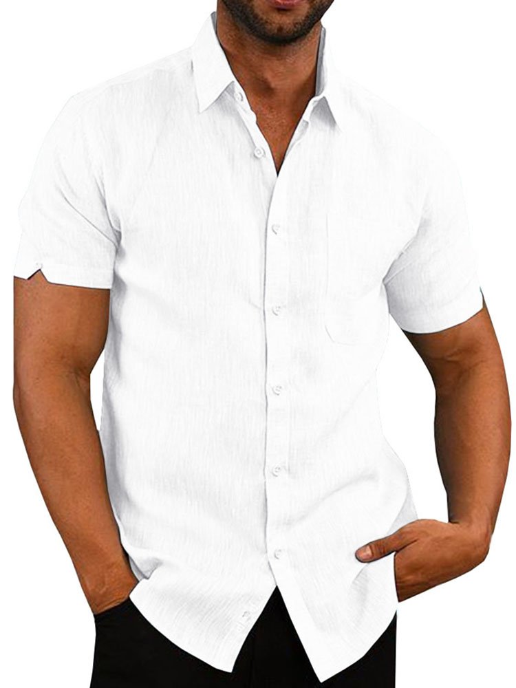 Pengfei Men's Short Sleeve Shirt Linen Cotton Button Down Tees Spread Collar Plain, White, Large