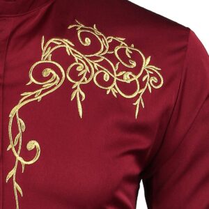 ZEROYAA Mens Hipster Design Golden Floral Embroidery Slim Fit Long Sleeve Mandarin Collar Shirts Tops ZZCL08 Burgundy Large