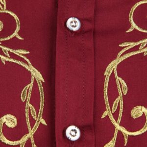 ZEROYAA Mens Hipster Design Golden Floral Embroidery Slim Fit Long Sleeve Mandarin Collar Shirts Tops ZZCL08 Burgundy Large