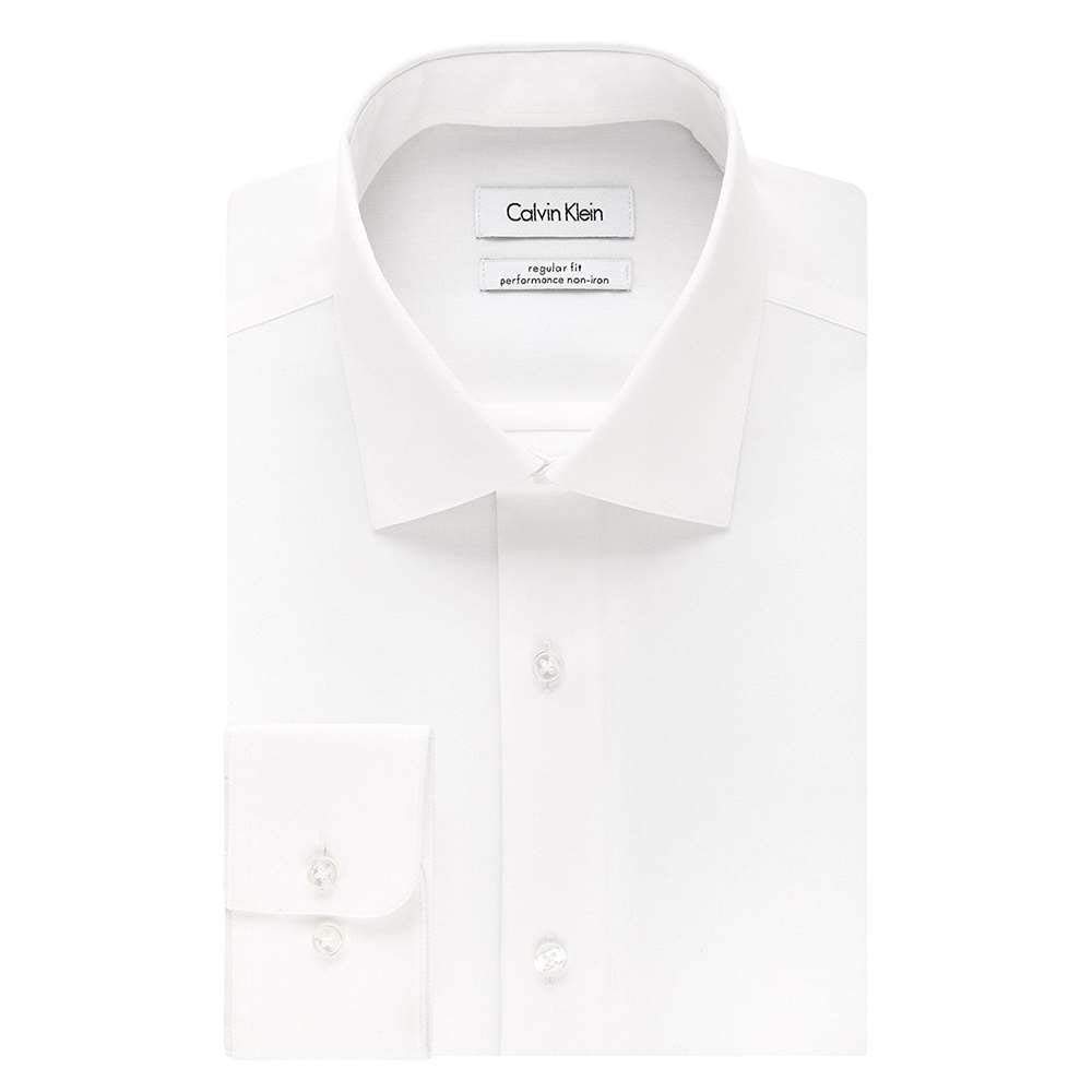 Calvin Klein Men's Regular Fit Non Iron Herringbone Spread Collar Dress Shirt, White, 16.5" Neck 32"-33" Sleeve