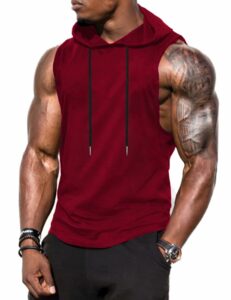 babioboa men's hooded training tank tops quick dry running cut off t-shirt gym drawstring sleeveless hoodie(wine red medium)