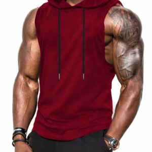 Babioboa Men's Hooded Training Tank Tops Quick Dry Running Cut Off T-Shirt Gym Drawstring Sleeveless Hoodie(Wine Red Medium)