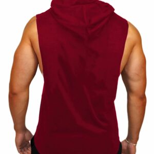 Babioboa Men's Hooded Training Tank Tops Quick Dry Running Cut Off T-Shirt Gym Drawstring Sleeveless Hoodie(Wine Red Medium)