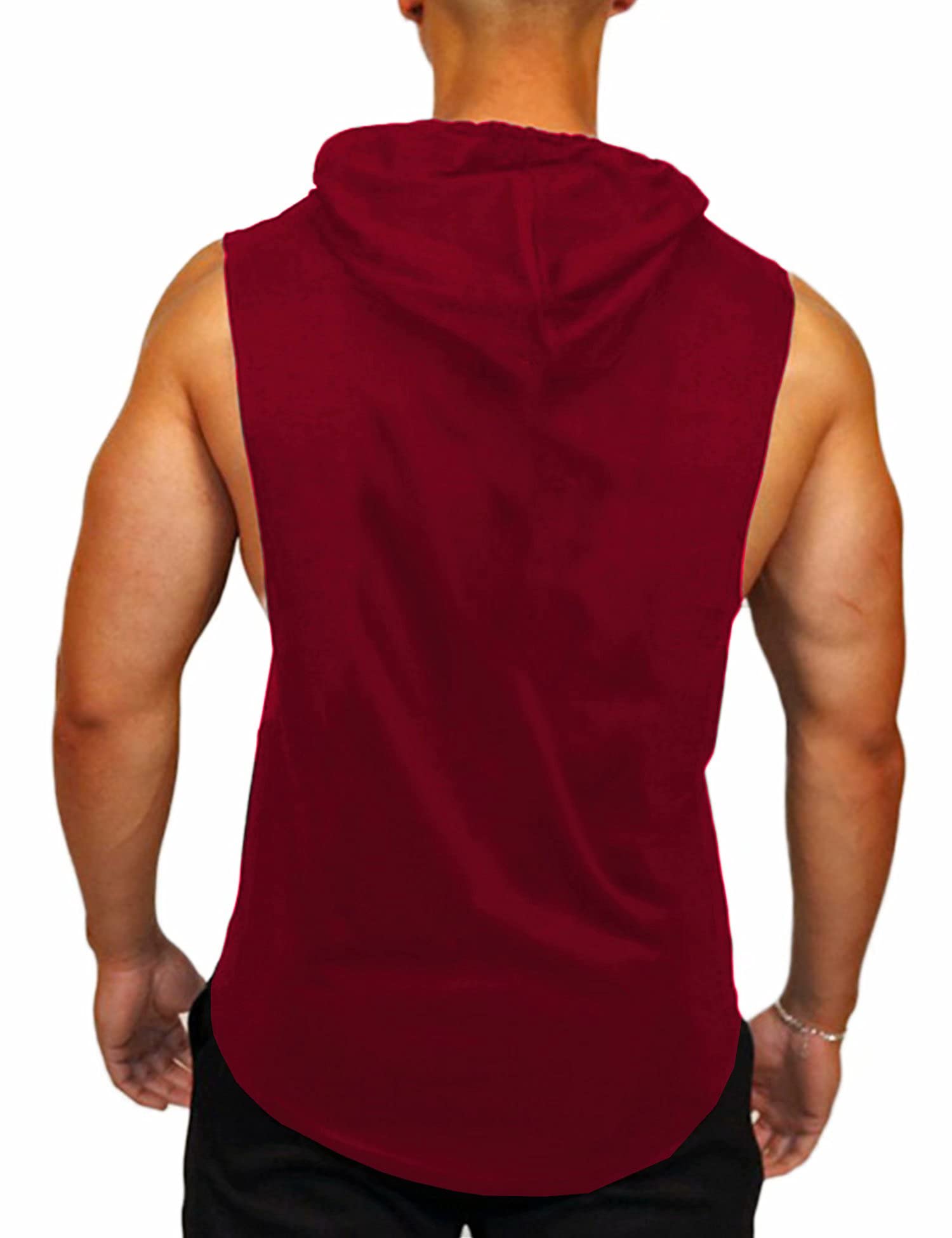 Babioboa Men's Hooded Training Tank Tops Quick Dry Running Cut Off T-Shirt Gym Drawstring Sleeveless Hoodie(Wine Red Medium)