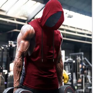 Babioboa Men's Hooded Training Tank Tops Quick Dry Running Cut Off T-Shirt Gym Drawstring Sleeveless Hoodie(Wine Red Medium)