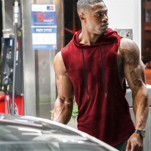 Babioboa Men's Hooded Training Tank Tops Quick Dry Running Cut Off T-Shirt Gym Drawstring Sleeveless Hoodie(Wine Red Medium)