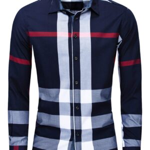 Men's Long Sleeve Slim-Fit Lightweight Plaid Cotton Shirt (199, Royal Blue, Large+)