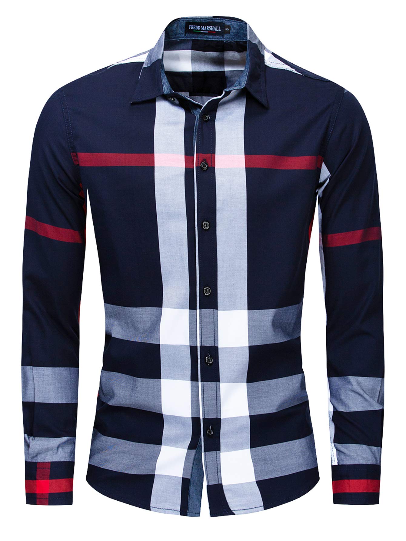 Men's Long Sleeve Slim-Fit Lightweight Plaid Cotton Shirt (199, Royal Blue, Large+)