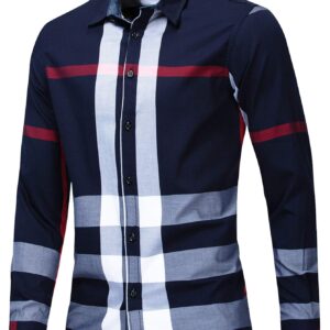 Men's Long Sleeve Slim-Fit Lightweight Plaid Cotton Shirt (199, Royal Blue, Large+)