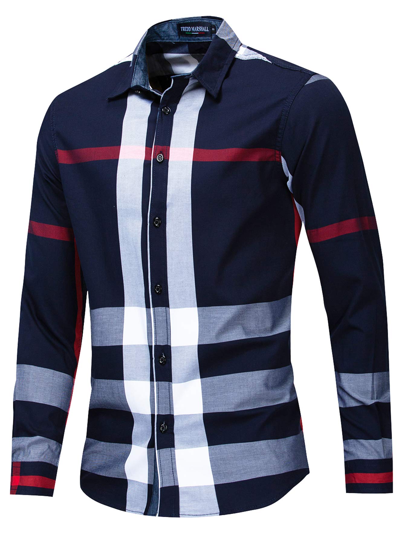 Men's Long Sleeve Slim-Fit Lightweight Plaid Cotton Shirt (199, Royal Blue, Large+)