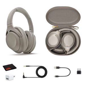 sony wh-1000xm4 wireless noise canceling overhead headphones with mic for phone-call, voice control, silver, with usb wall adapter and microfiber cleaning cloth - bundle