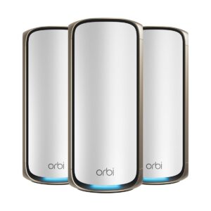 netgear orbi 970 series quad-band wifi 7 mesh network system (rbe973s), router + 2 satellite extenders, covers up to 10,000 sq. ft., 200 devices, 10 gig internet port, be27000 802.11be (up to 27gbps)