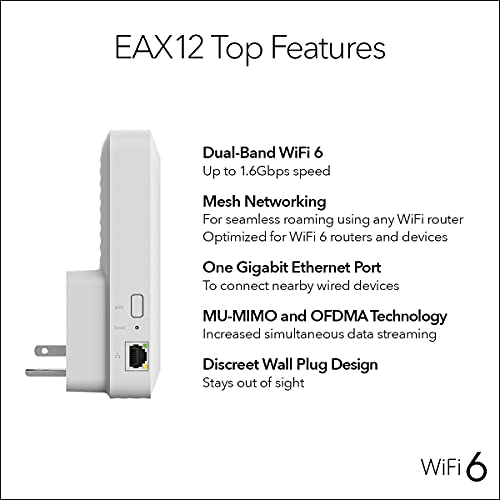 NETGEAR WiFi 6 Mesh Range Extender (EAX12) - Add up to 1,200 sq. ft. and 15+ Devices with AX1600 Dual-Band Wireless Signal Booster & Repeater (up to 1.6Gbps Speed), WPA3 Security, Smart Roaming