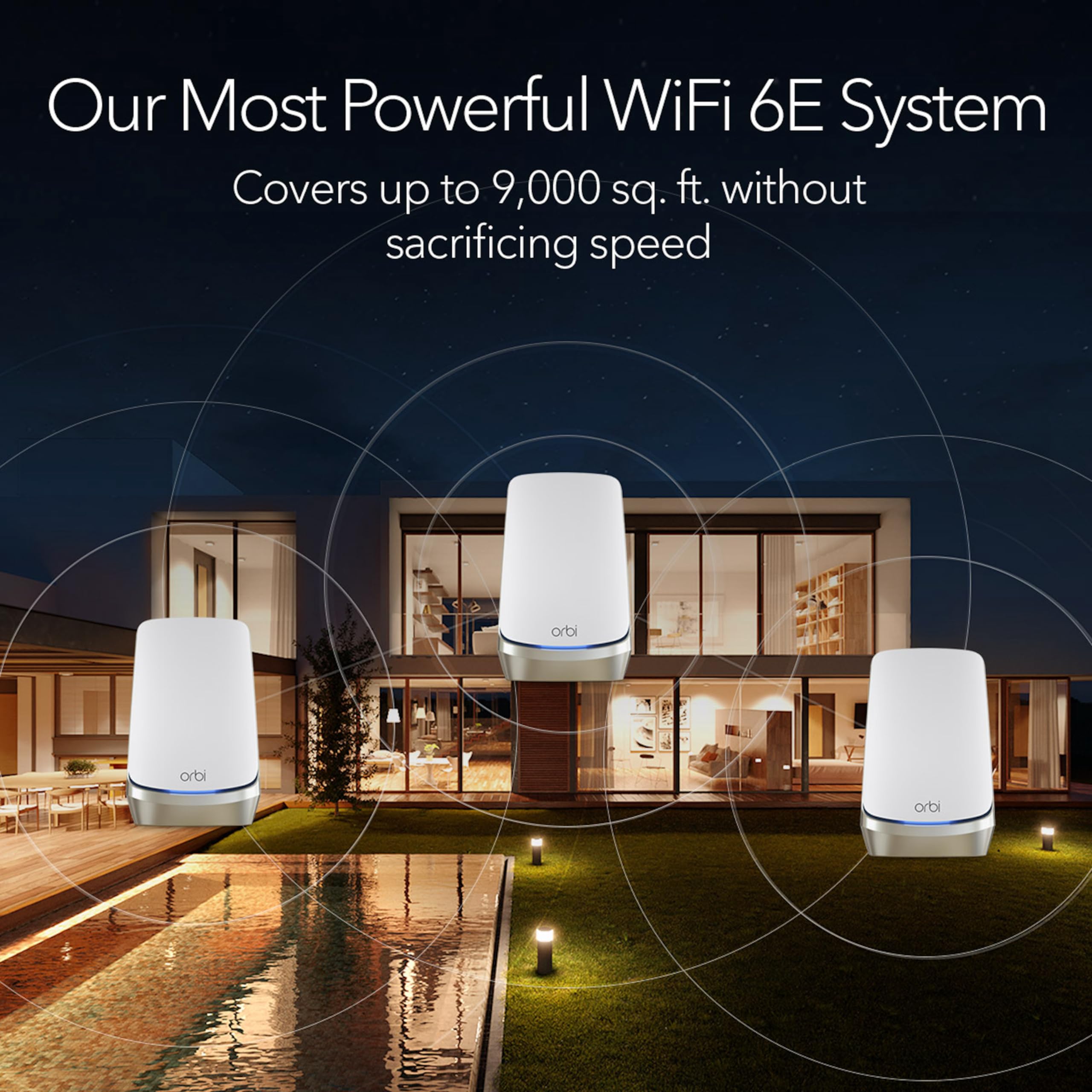 NETGEAR Orbi Quad-Band WiFi 6E Mesh System (RBKE963), Router with 2 Satellite Extenders, Coverage up to 9,000 sq. ft., 200 Devices, 10 Gig Internet Port, AXE11000 802.11 AXE (Up to 10.8Gbps)