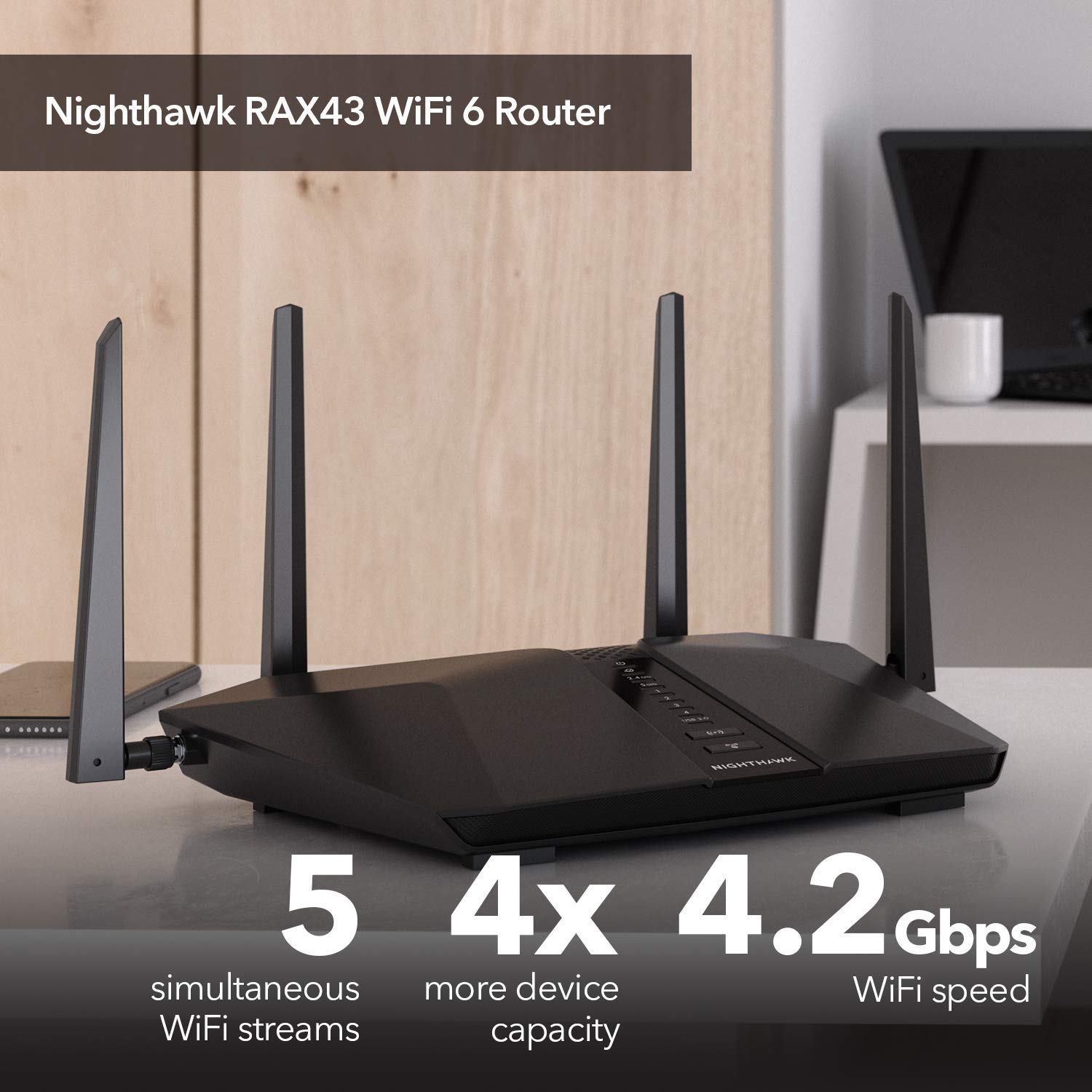 NETGEAR Nighthawk 5-Stream AX5 WiFi 6 Router (RAX43) � AX4200 Wireless Speed (Up to 4.2 Gbps) | 2,000 sq. ft. Coverage (Renewed)