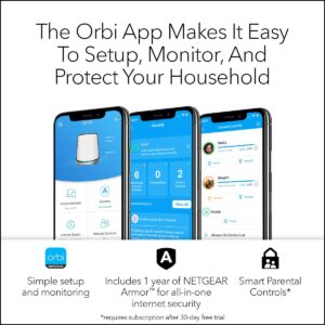 NETGEAR Orbi Tri-Band WiFi 6 Mesh System (RBK862S) – Router with 1 Satellite Extender, Coverage up to 5,400 sq. ft., 100 Devices, 10 Gig Internet Port, Armor Subscription, AX6000 (Up to 6Gbps)