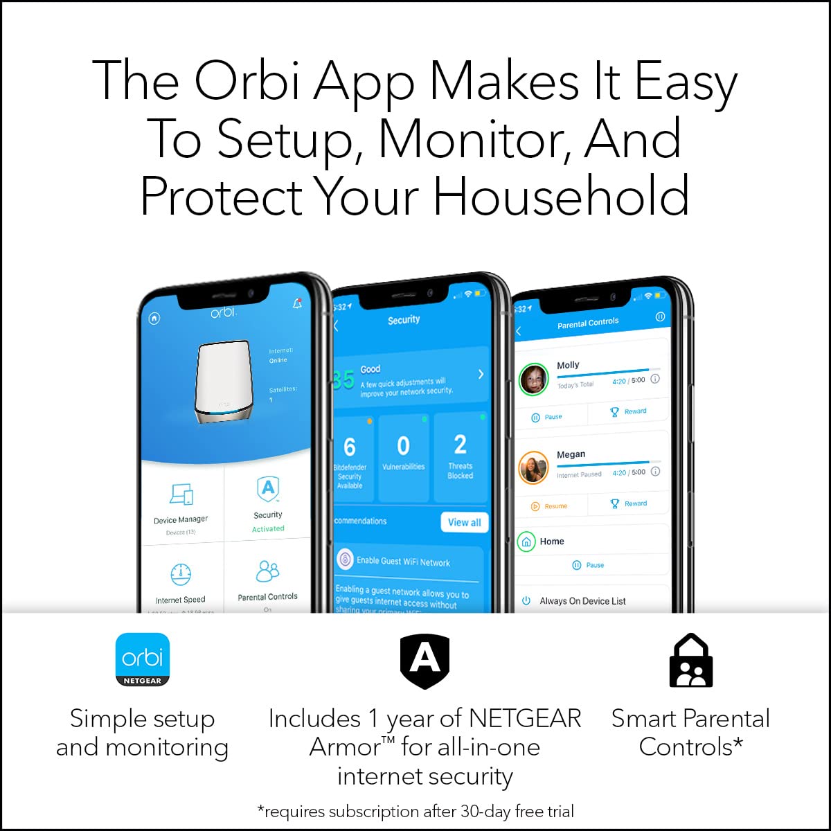 NETGEAR Orbi Tri-Band WiFi 6 Mesh System (RBK862S) – Router with 1 Satellite Extender, Coverage up to 5,400 sq. ft., 100 Devices, 10 Gig Internet Port, Armor Subscription, AX6000 (Up to 6Gbps)