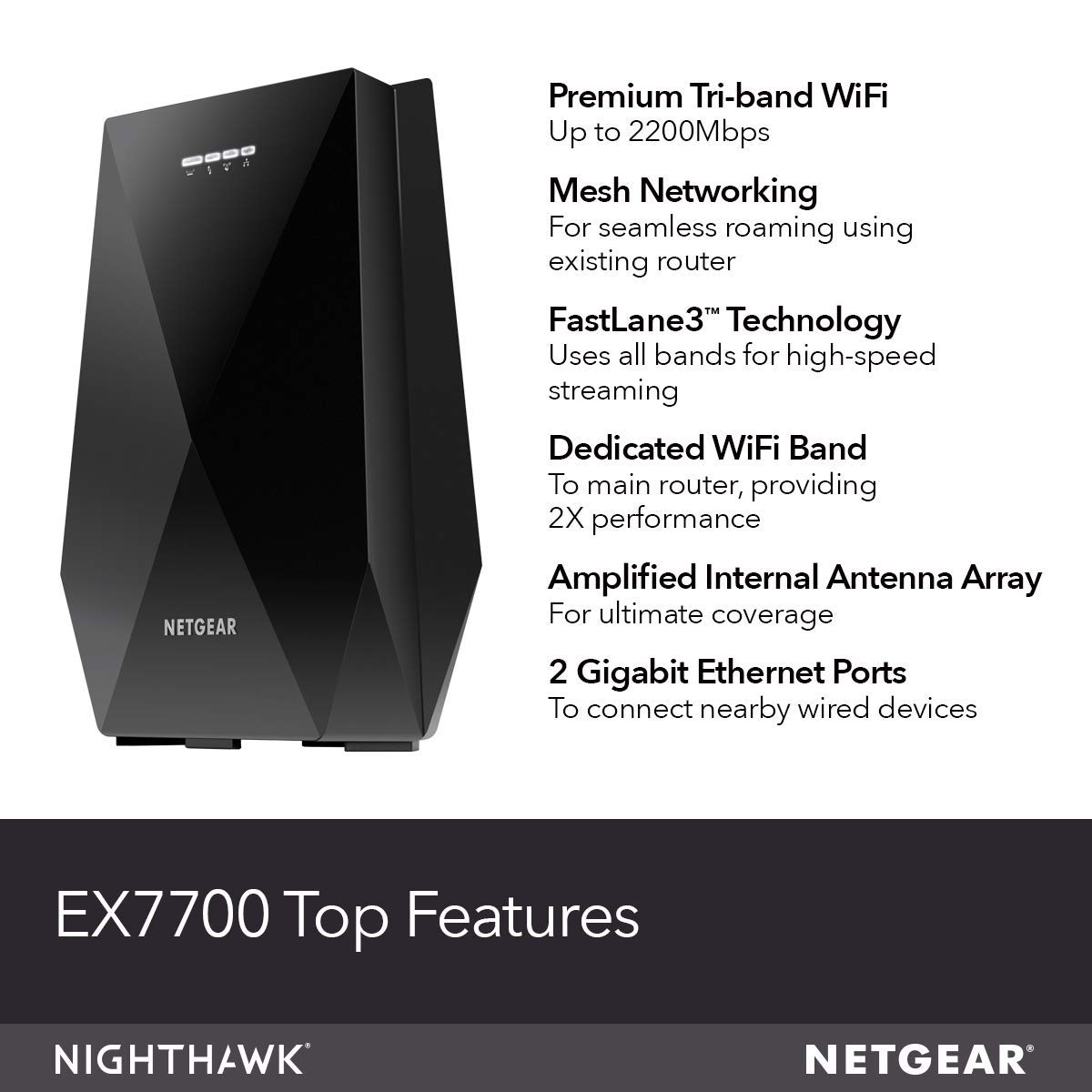 NETGEAR WiFi Mesh Range Extender EX7700 - Coverage up to 2000 sq.ft. and 40 Devices with AC2200 Tri-Band Wireless Signal Booster & Repeater (up to 2200Mbps Speed), Plus Mesh Smart Roaming (Renewed)