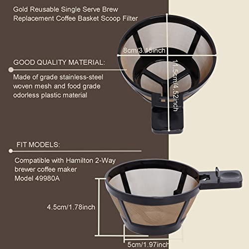 Reusable Single Serve Brew Coffee Basket Scoop,Gold Coffee Filters Replacement Compatible with Hamilton Beach 2-Way Coffee Makers 49980A, 49980Z, 47650, 49933 Accessories,Pack of 2